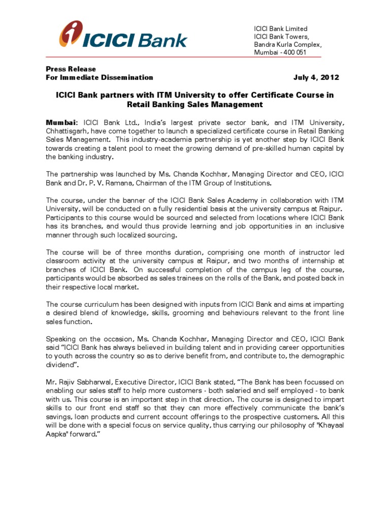 ICICI Bank Partners With ITM University To Offer Certificate Course in ...