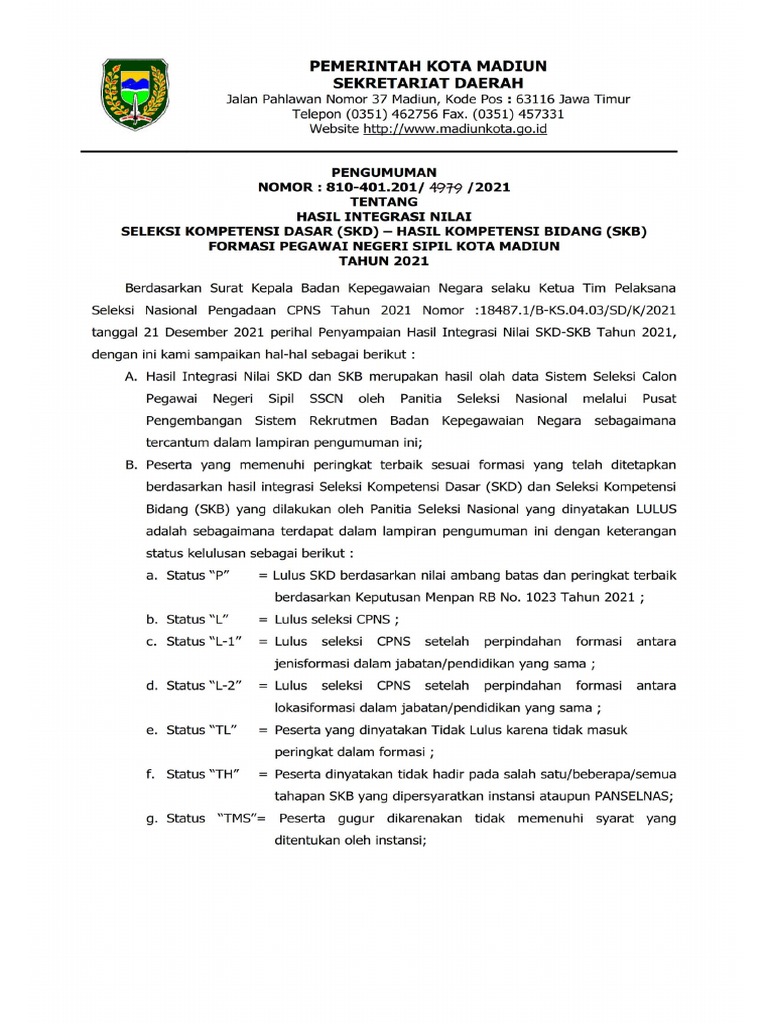 Pengumuman Hasil Integrasi Nilai SKD SKB | PDF