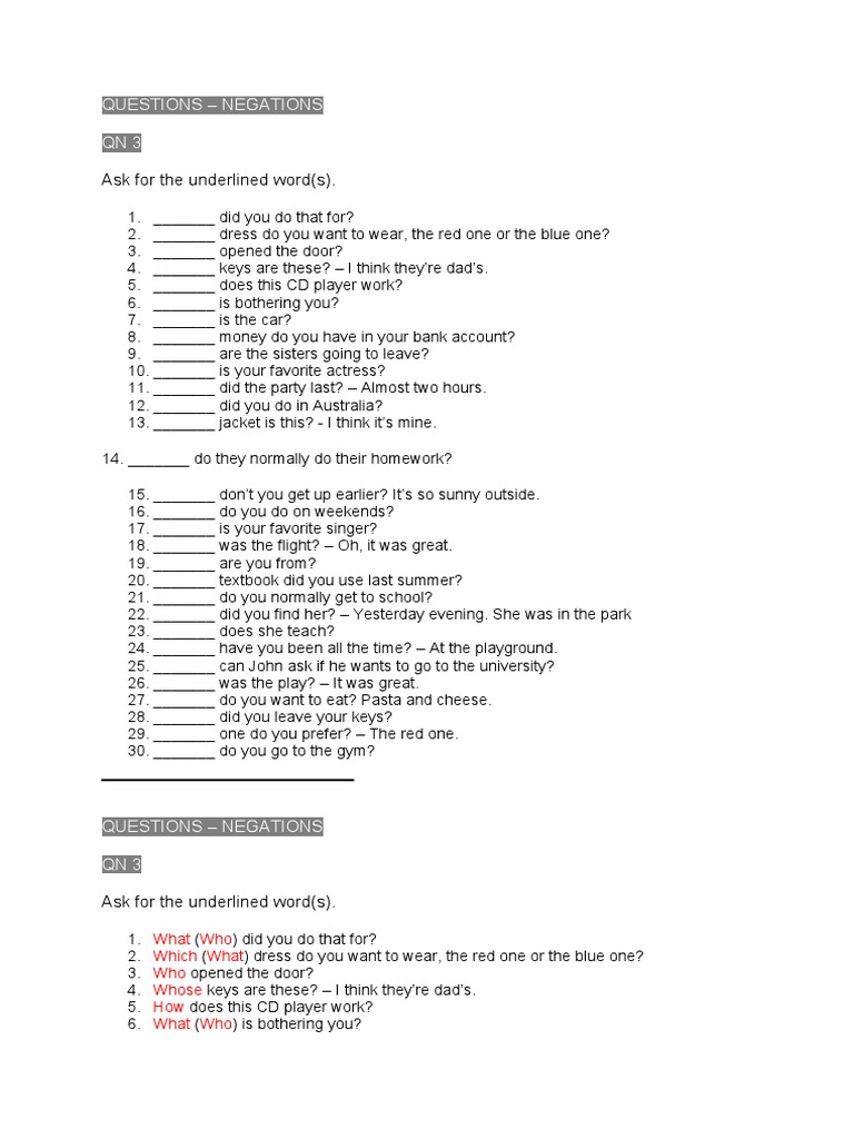 Ask For The Underlined Word(s) .: Questions - Negations QN3 | PDF