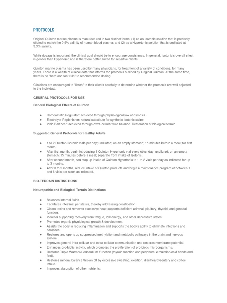 Quinton Protocols For Use | PDF | Pregnancy | Dose (Biochemistry)