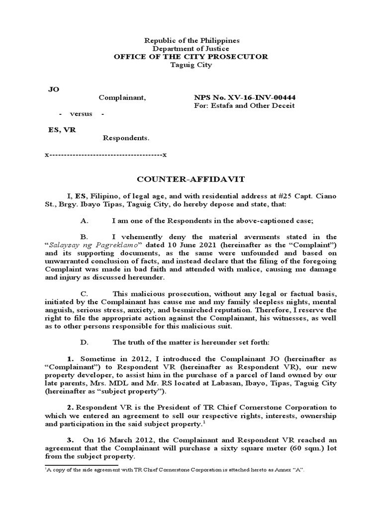 Counter-Affidavit in Estafa Case | PDF | Fraud | Crime & Violence