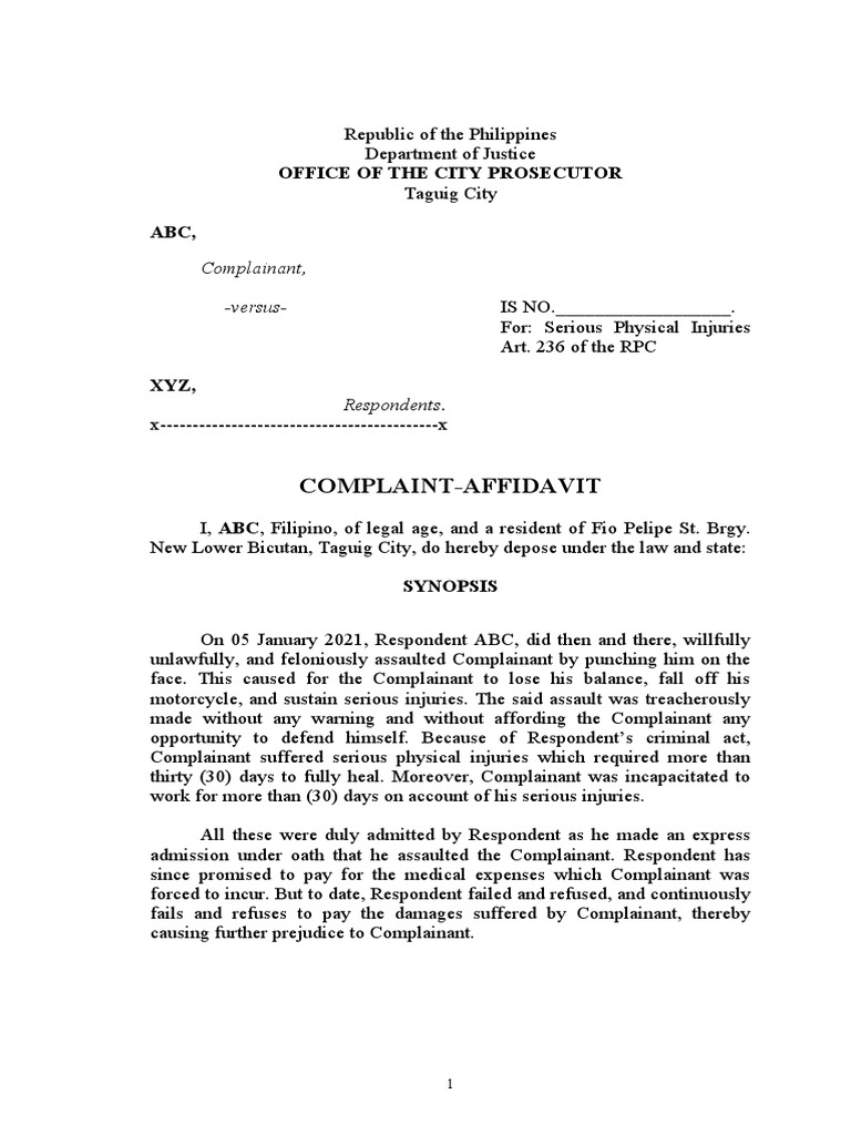 Sample Complaint-Affidavit (JMTE) | PDF | Probable Cause | Surgery