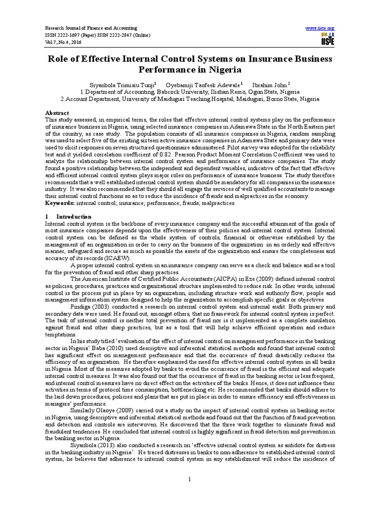 Role of Effective Internal Control Systems On Insurance Business ...