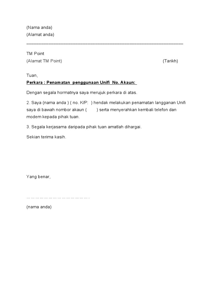 Contoh Surat Format Penamatan Unifi | PDF