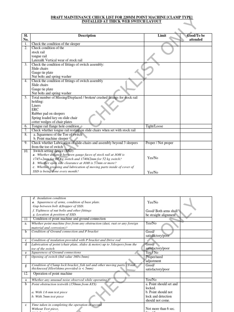 Draft Maintenance Check List For 220Mm Point Machine (Clamp Type ...