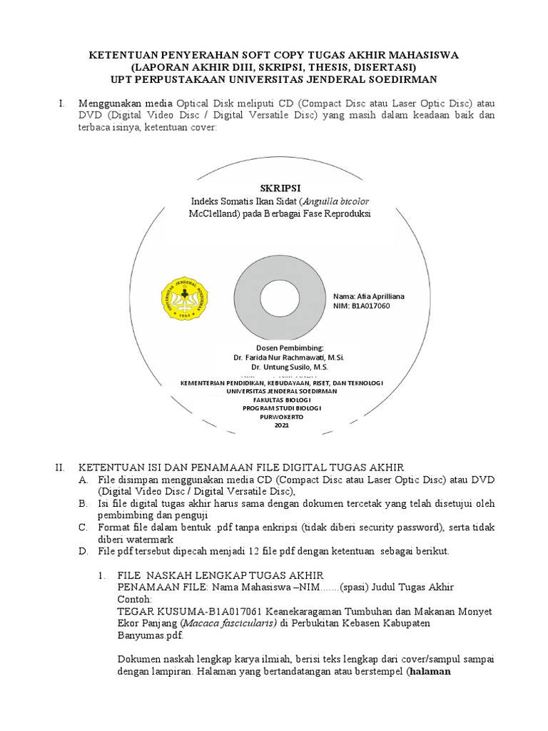 Ketentuan Penyerahan Soft Copy TA Ke UPT Perpustakaan Unsoed | PDF
