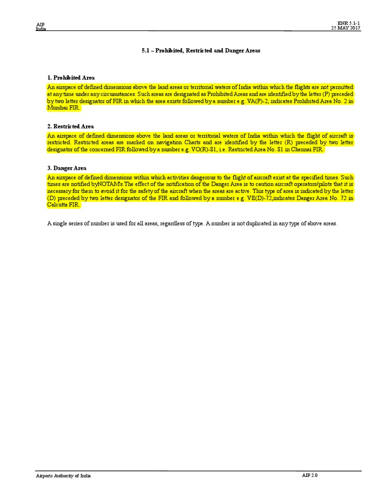 AIP ENR 5.1-1 India 25 MAY 2017 Prohibited Restricted Danger Areas | PDF | Air Traffic Control ...