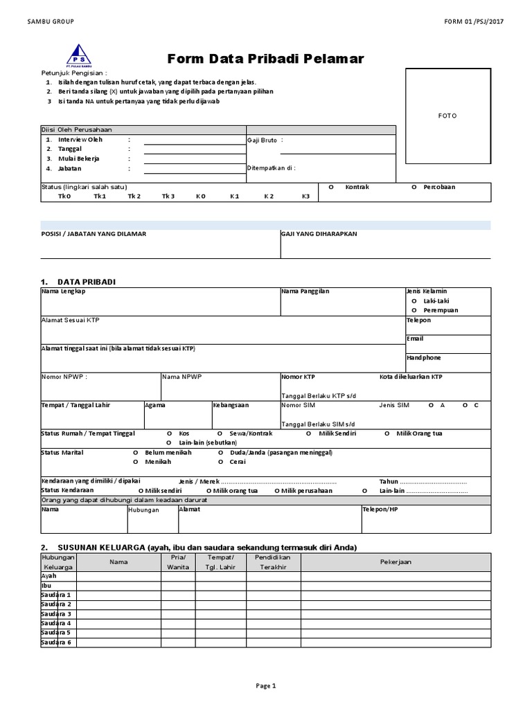 Form Identitas Diri Pelamar | PDF