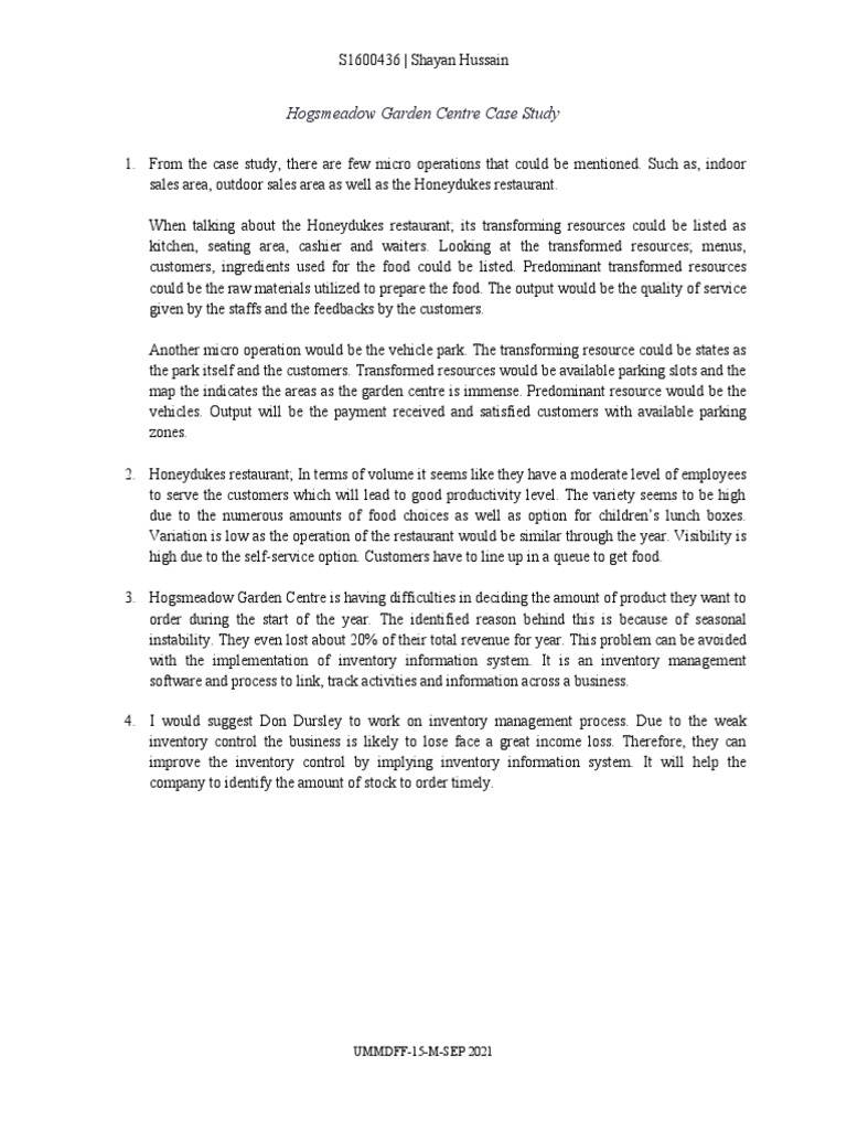 Hogsmeadow Garden Centre Case Study | PDF | Inventory | Restaurants
