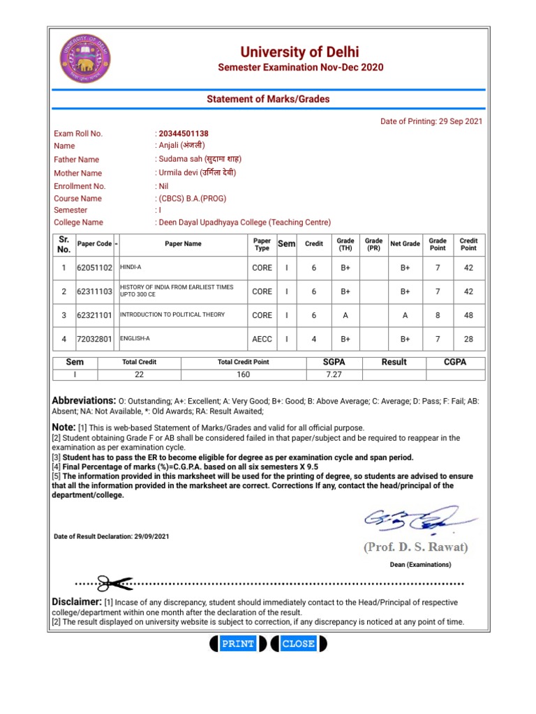 University of Delhi: Semester Examination Nov-Dec 2020 Statement of ...
