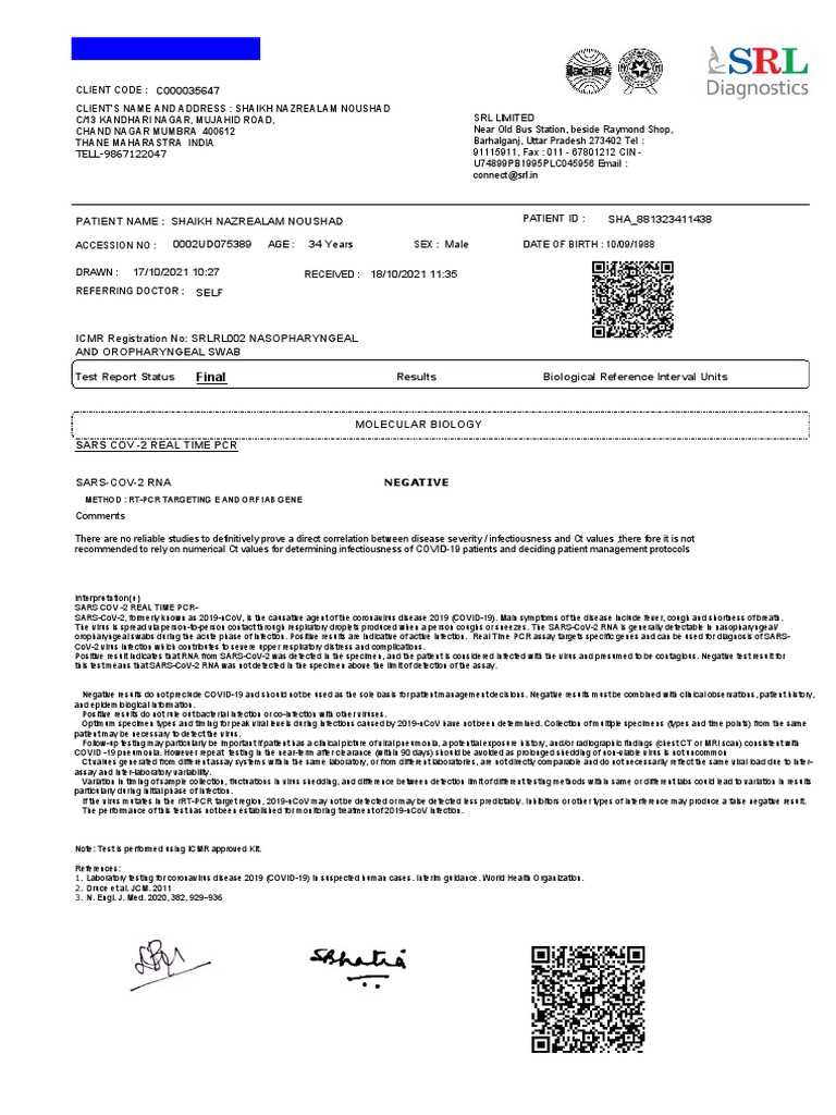 COVID-19 Test Report | PDF | Infection | Virus