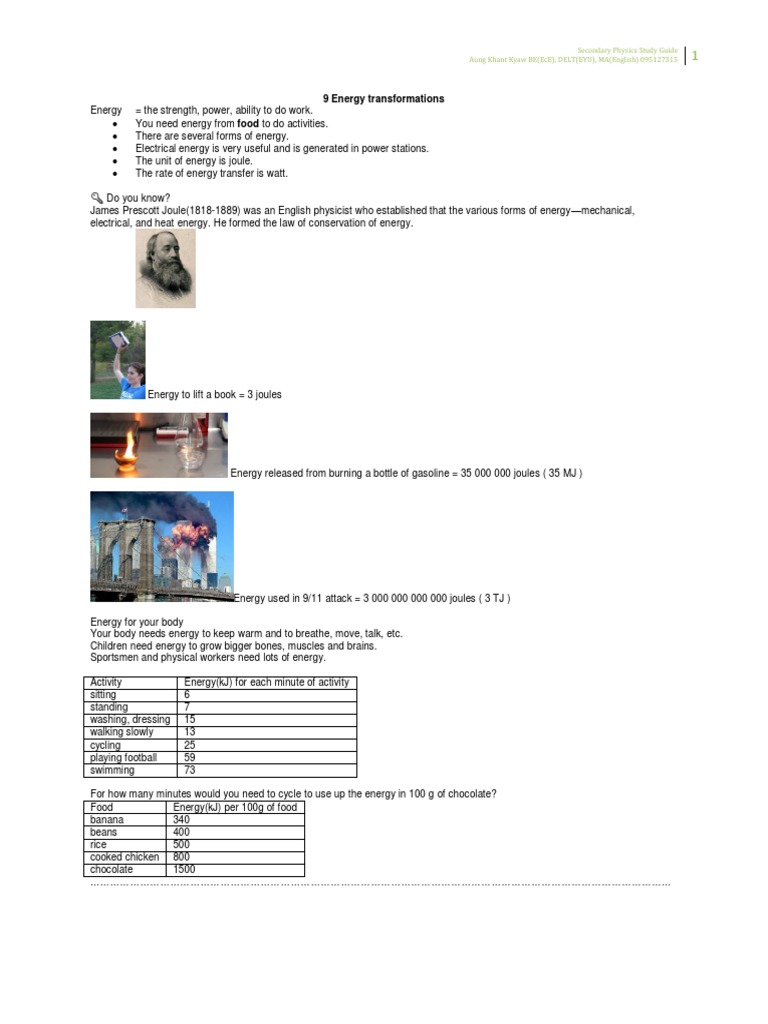 9 Energy Transformations: Secondary Physics Study Guide Aung Khant Kyaw ...