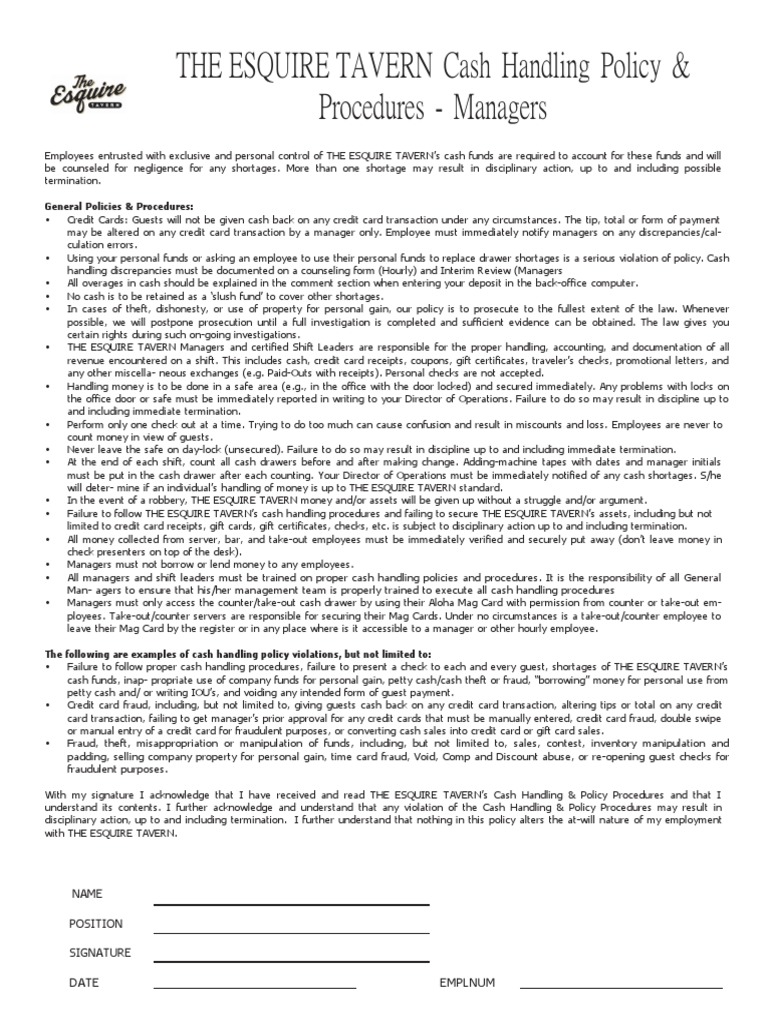 Esquire Tavern Cash Handling Policy | PDF | Credit Card | Credit