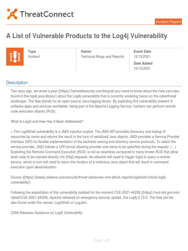 A List of Vulnerable Products To The Log4j Vulnerability: Description ...