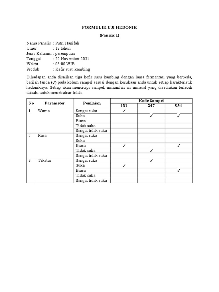 Contoh Form Uji Organoleptik | PDF
