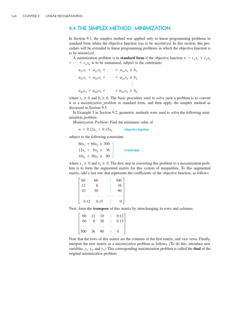 9.4 The Simplex Method: Minimization: X W X X | PDF | Linear Programming | Mathematical Optimization