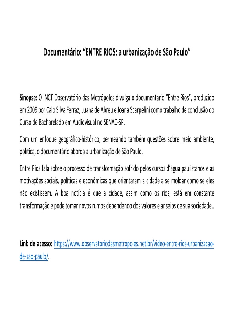 Documentário - 'ENTRE RIOS - A Urbanização de São Paulo' | PDF