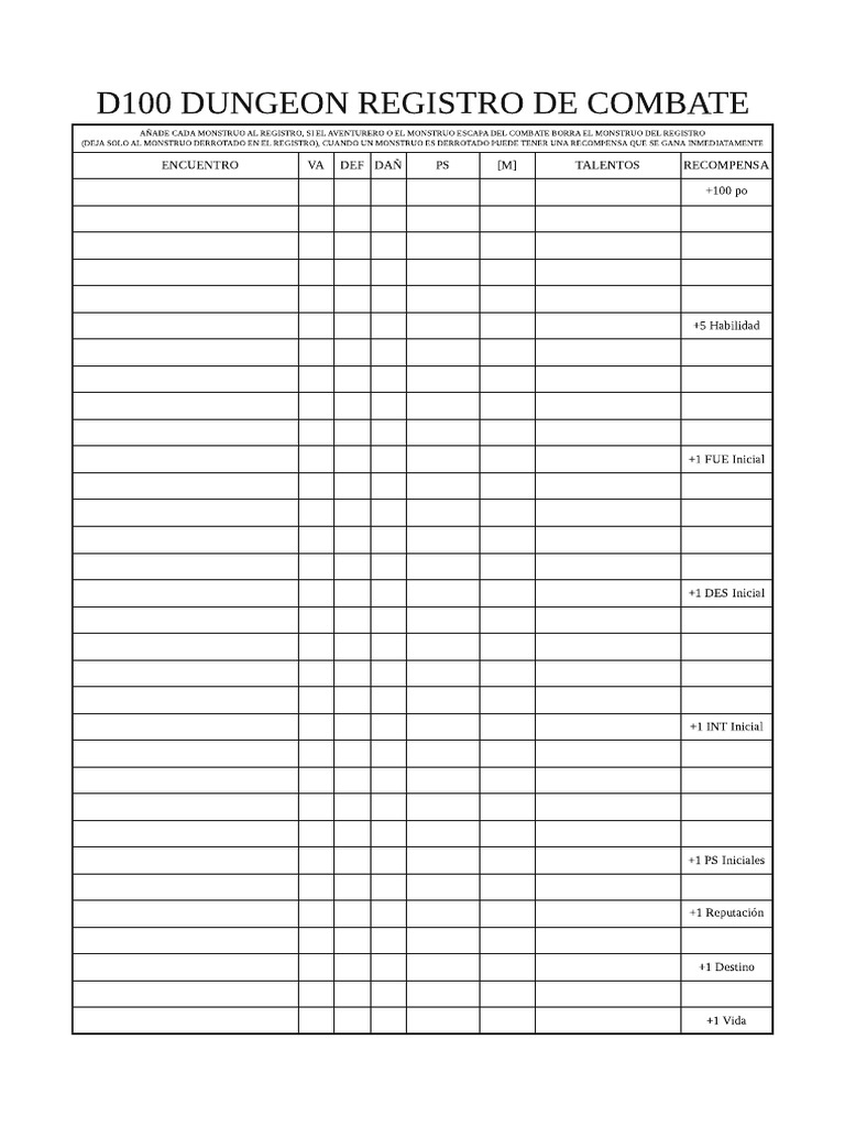 Registro de Combate - D100 Dungeon V3 (ES) - 2 | PDF