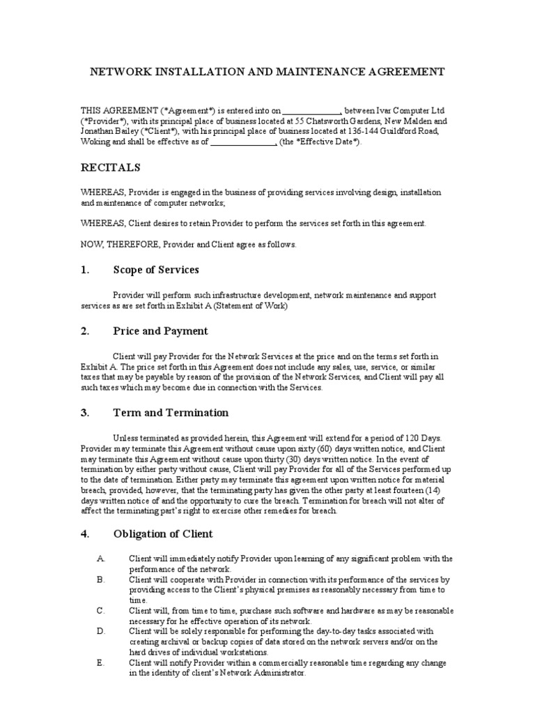 Network Installation and Maintenance Agreement | PDF | Confidentiality ...