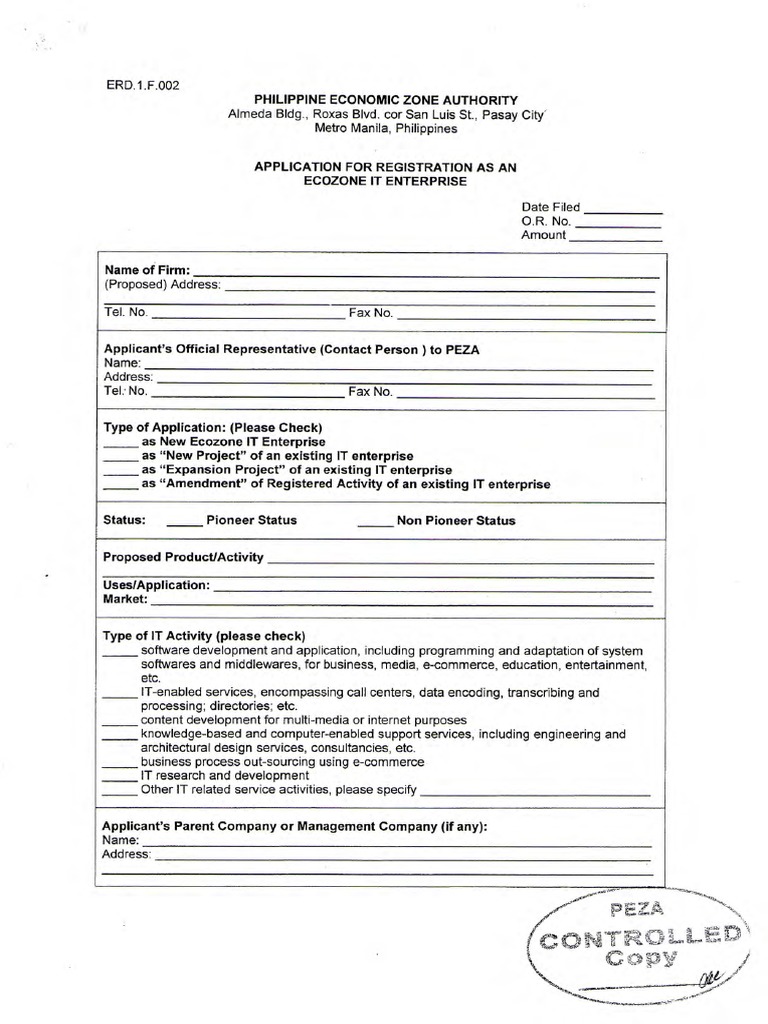 PEZA Application Form | PDF
