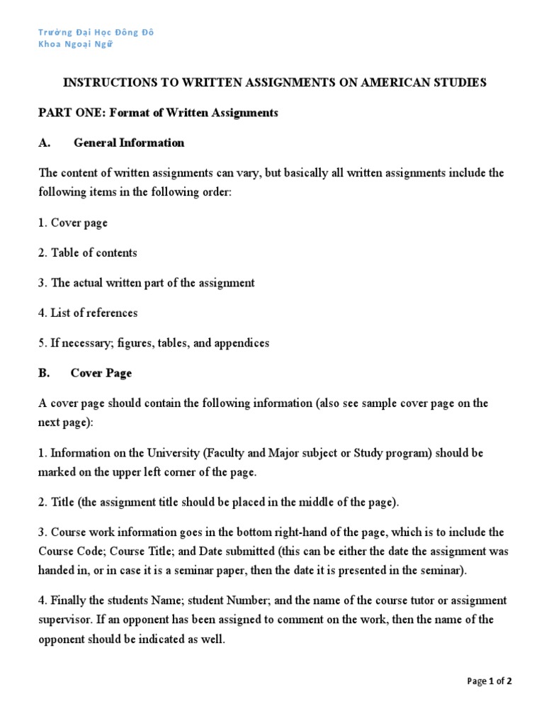Instructions To Written Assignments On American Studies PART ONE ...