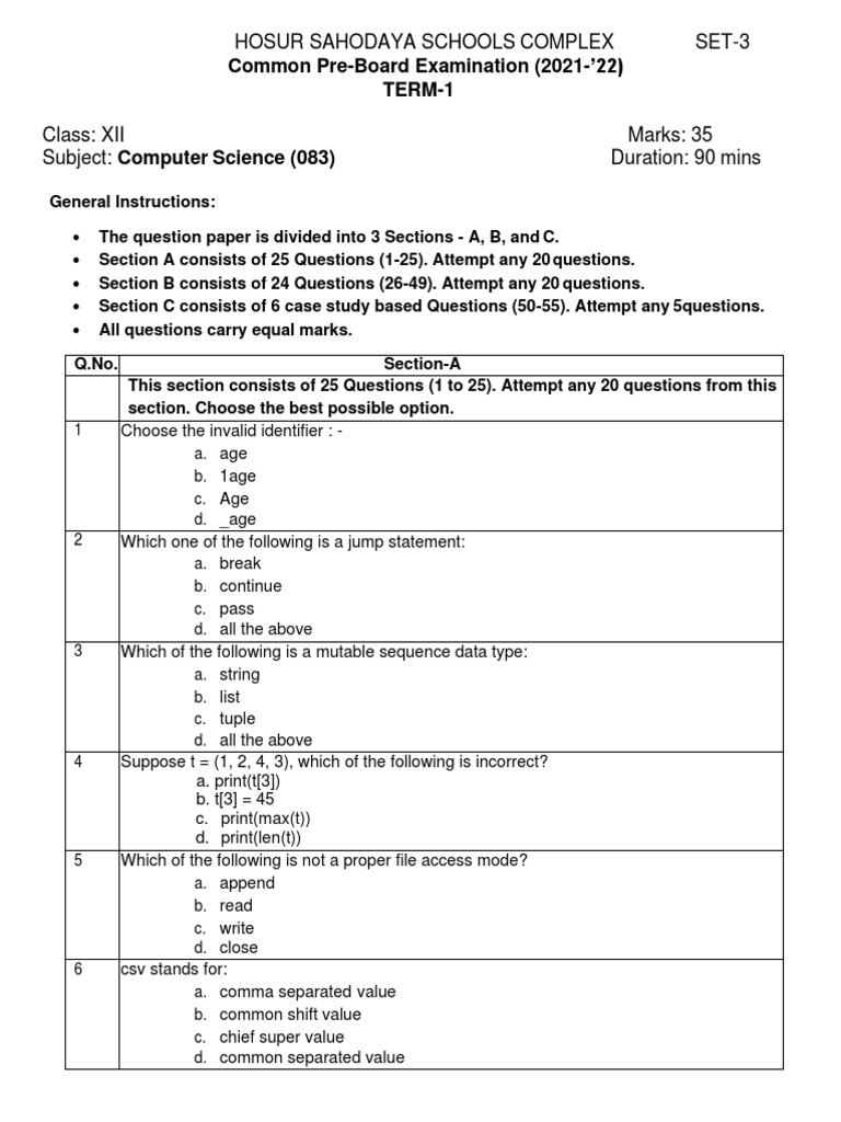Computer Science Set 3 HSSC Term I | PDF | Parameter (Computer Programming) | Bracket