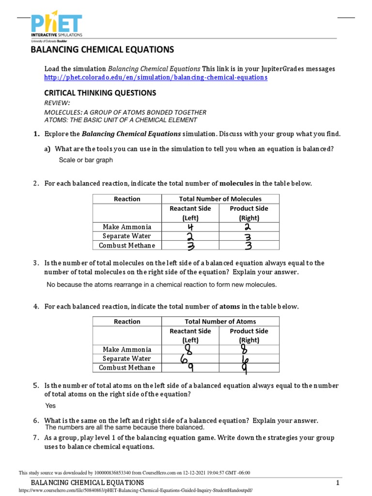 Balancing Chemical Equations: Critical Thinking Questions | PDF ...