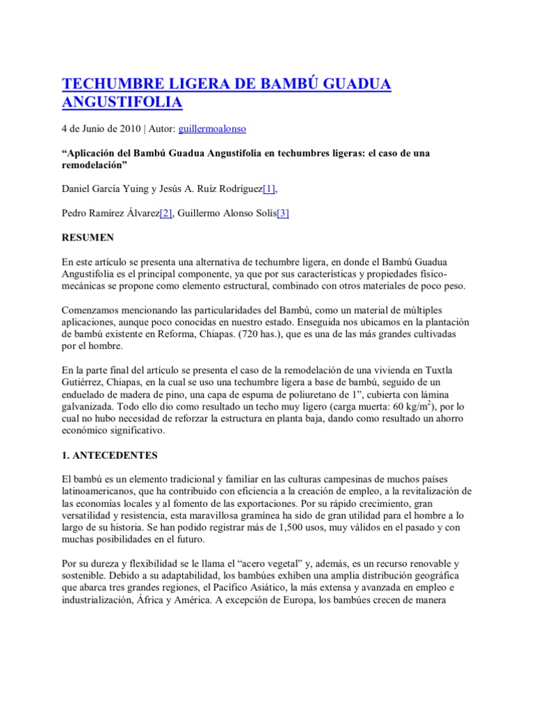Techumbre Ligera de Bambú Guadua Angustifolia | PDF | Hormigón | Américas