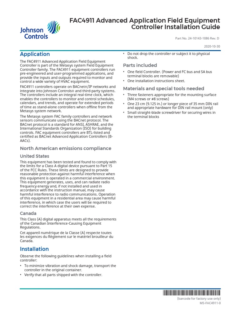 FAC4911 Advanced Application Field Equipment Controller Installation ...