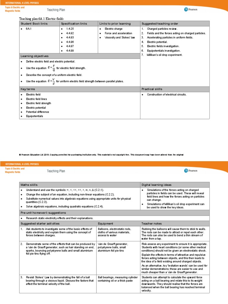 IAL - Physics - SB2 - Teaching Plans - 6A | PDF | Electric Field | Force