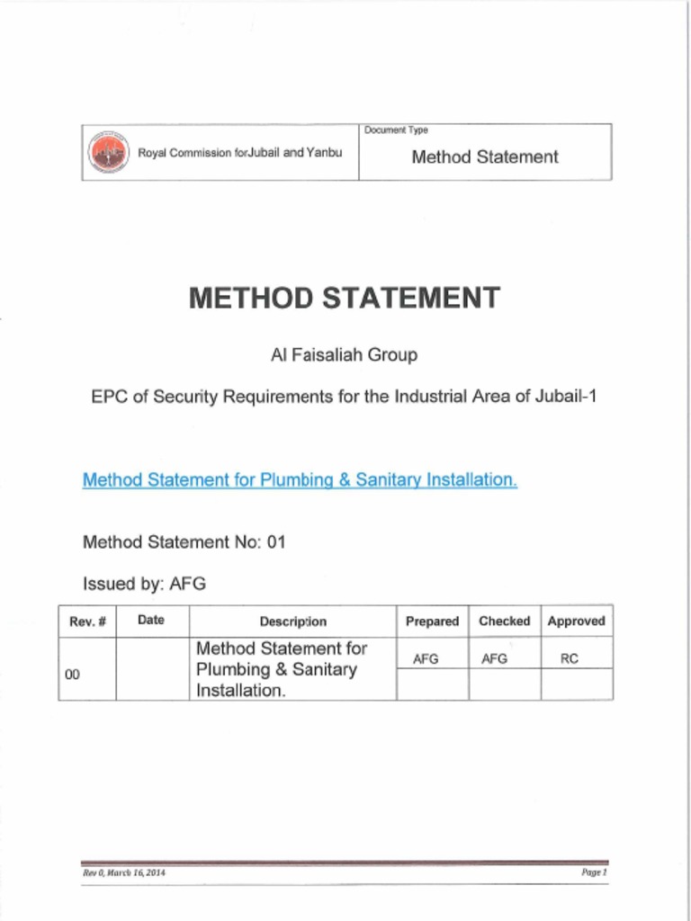 01-Method Statement For Plumbing & Sanitary Installation | PDF