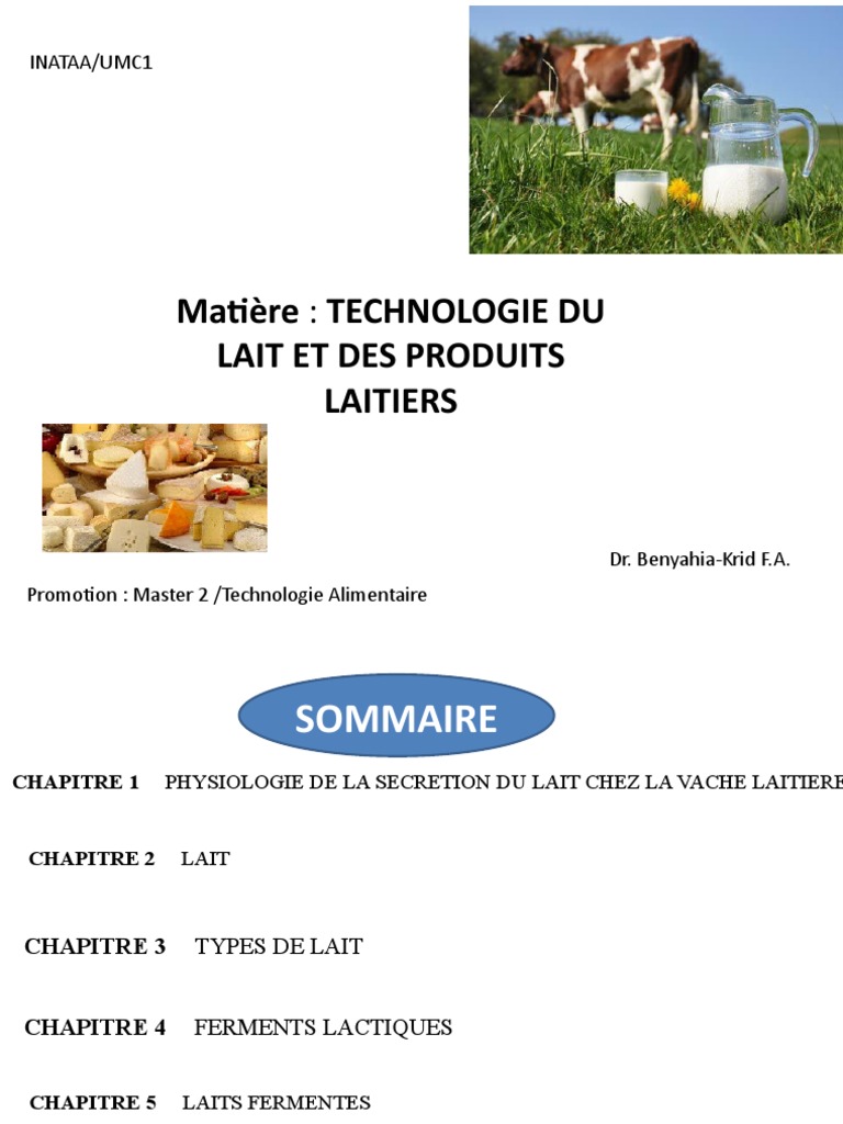 Chapitre 1 Physiologie de La Sécrétion Du Lait Chez La Vache Laitière ...