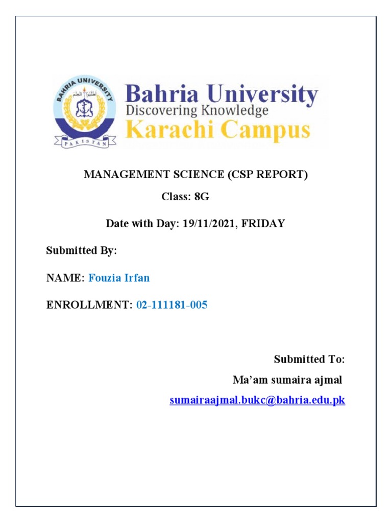 Management Science (CSP Report) Class: 8G Date With Day: 19/11/2021 ...