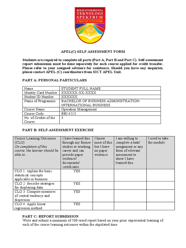 APEL(C) Self-Assessment for BBI Course | PDF | Operations Management ...