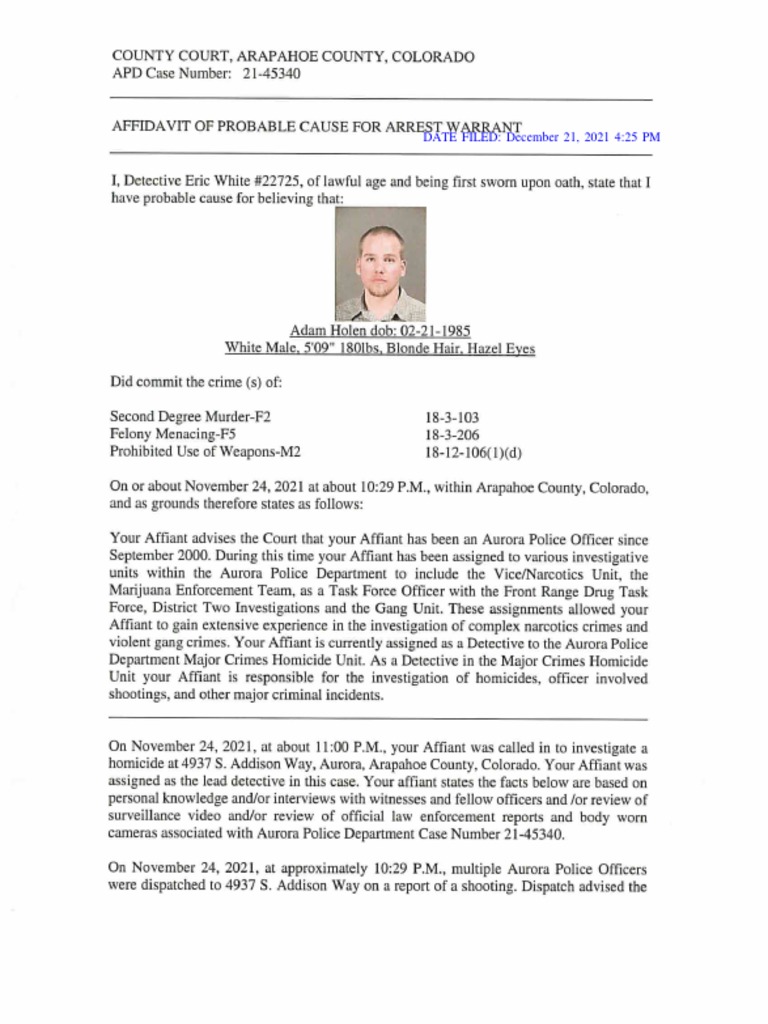 Adam Holen Affidavit of Probable Cause | PDF