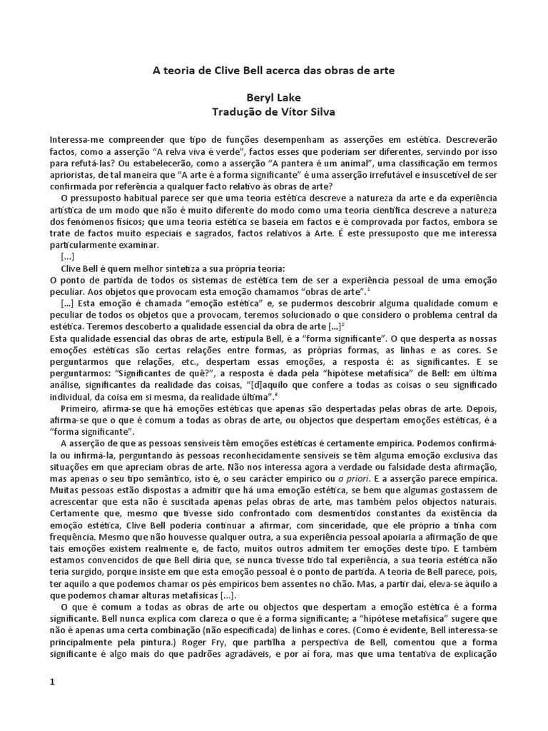 A Teoria de Clive Bell Acerca Das Obras de Arte | PDF | Emoções | Verdade