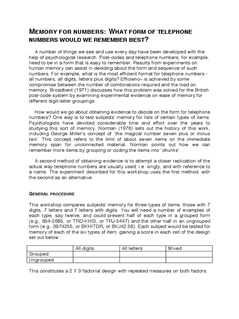 Memory For Numbers | PDF | Memory | Recall (Memory)