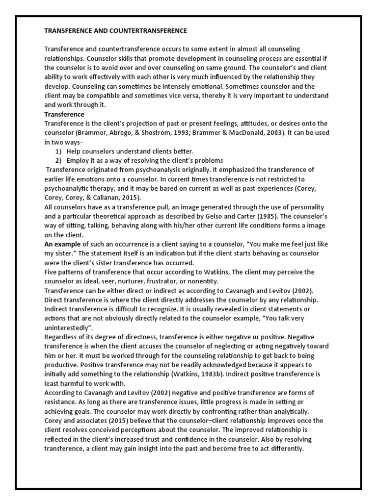Transference and Countertransference | PDF | Psychotherapy | Psychoanalysis
