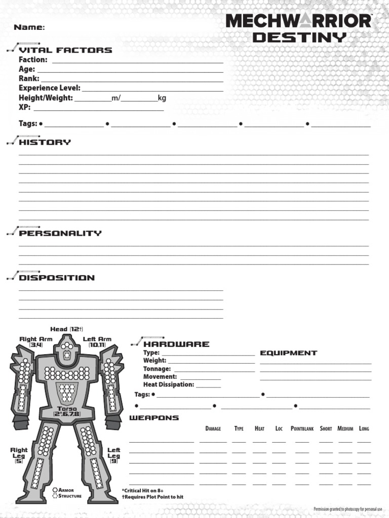 BattleTech - MechWarrior Destiny Character Sheet Blanks - E-CAT35185RS ...
