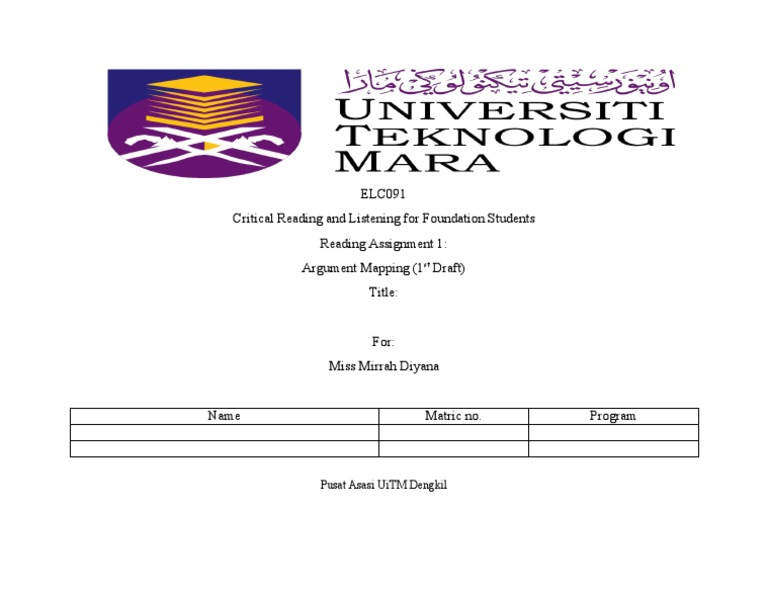 ELC091 Critical Reading and Listening For Foundation Students Reading Assignment 1: Argument ...