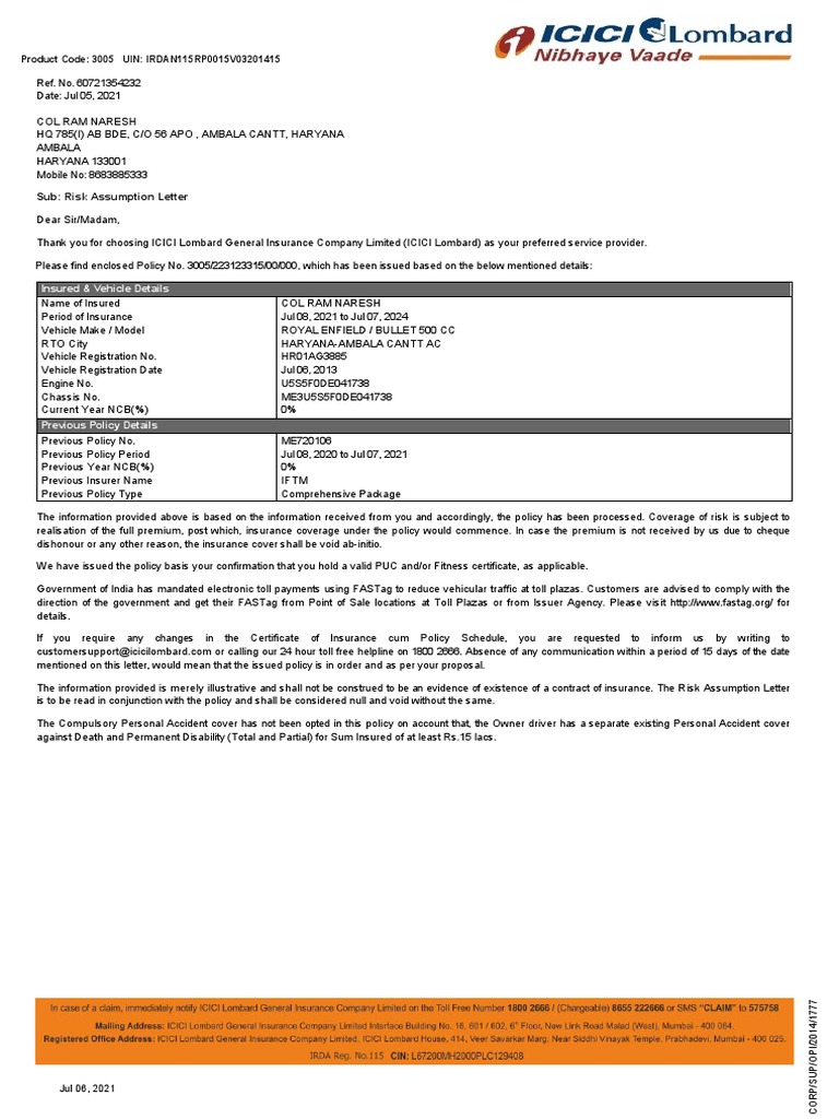 Sub: Risk Assumption Letter: Insured & Vehicle Details | PDF ...