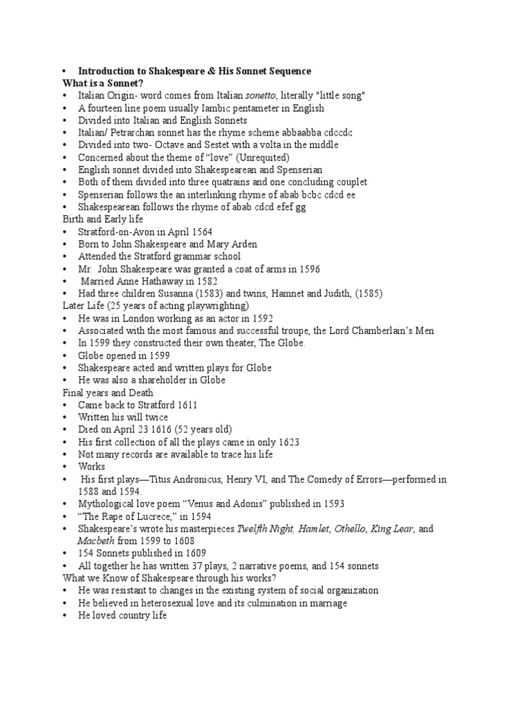 Introduction To Shakespeare & His Sonnet Sequence What Is A Sonnet ...
