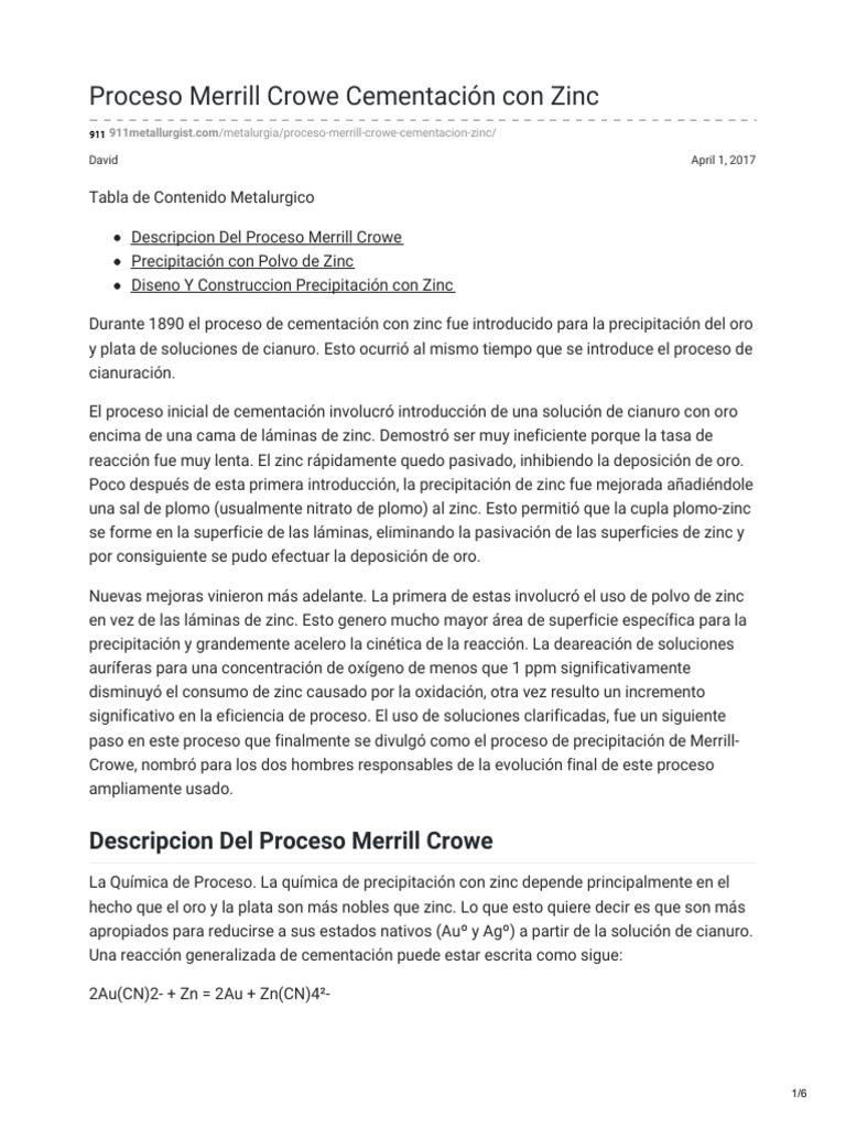Proceso Merrill Crowe Cementación Con Zinc | PDF | Precipitación ...