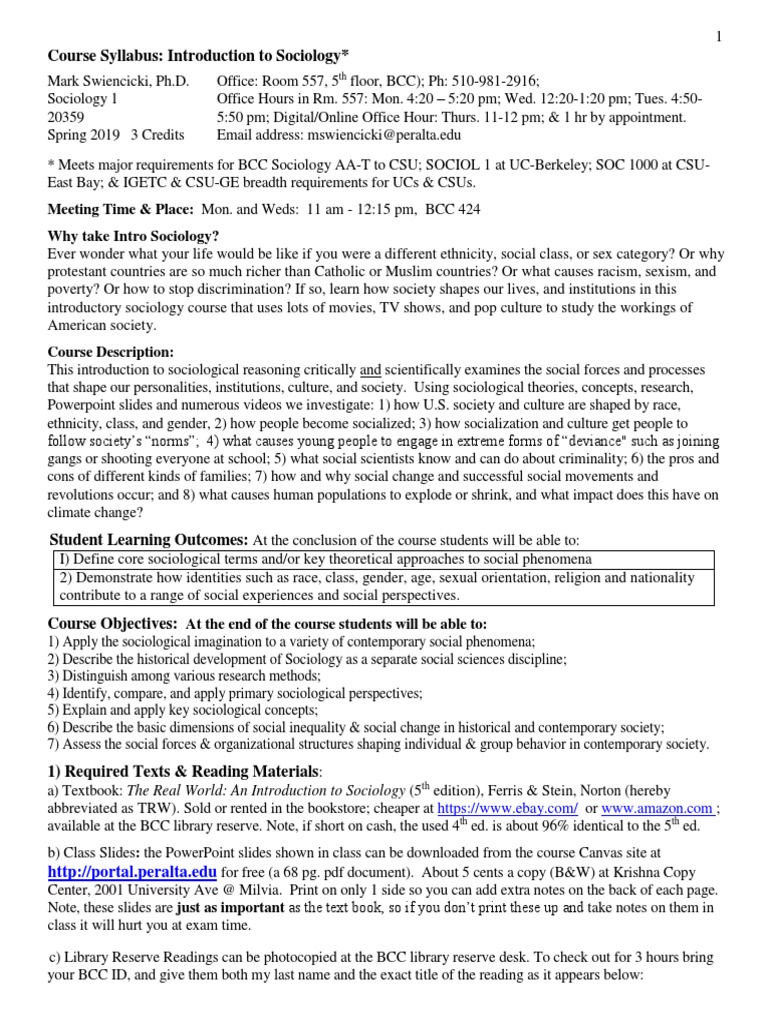 Intro to Sociology Syllabus - BCC | PDF | Sociology | Social Sciences