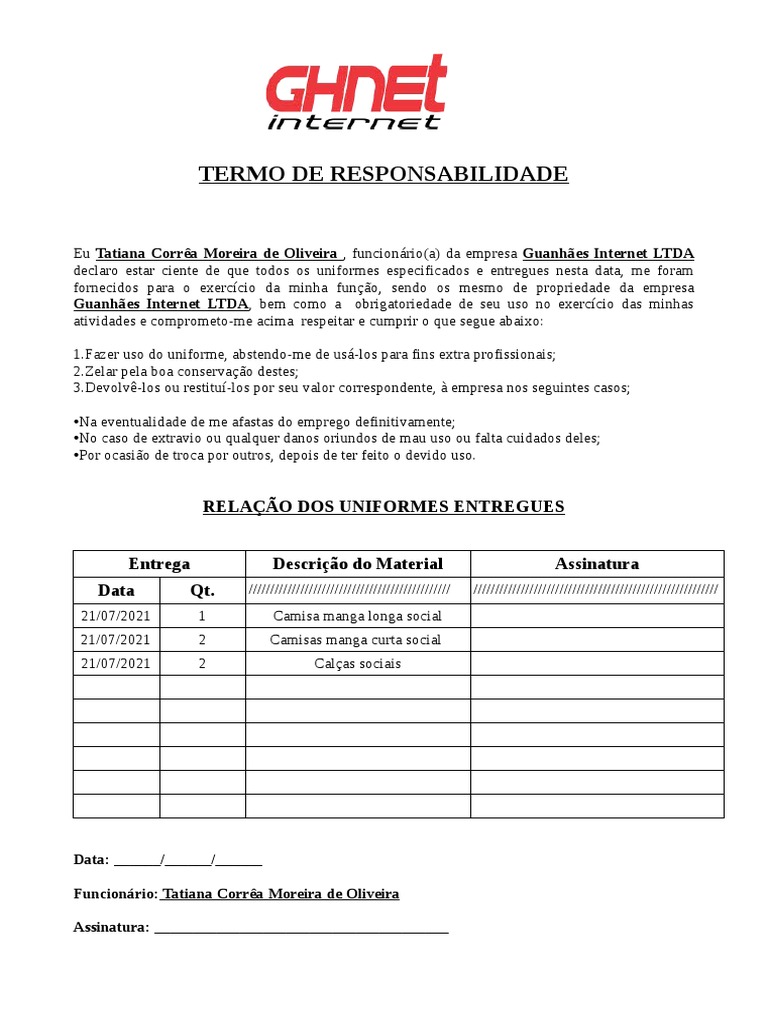 Termo De Responsabilidade Uniforme Pdf
