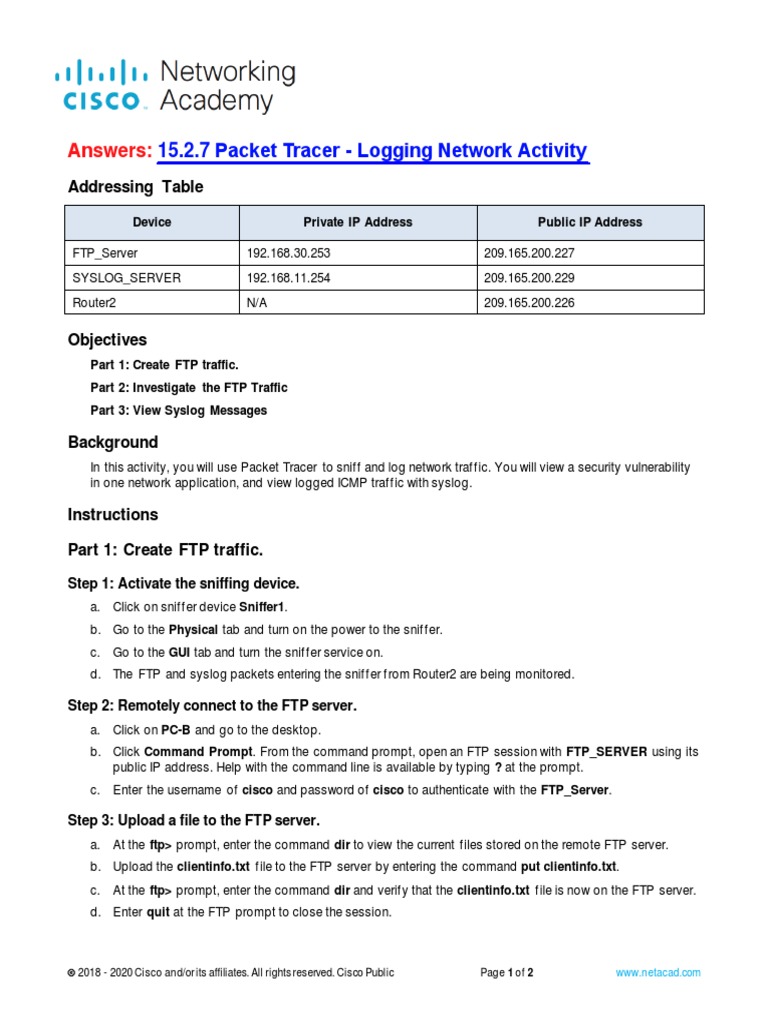 15.2.7 Packet Tracer - Logging Network Activity | PDF | File Transfer Protocol | Computing
