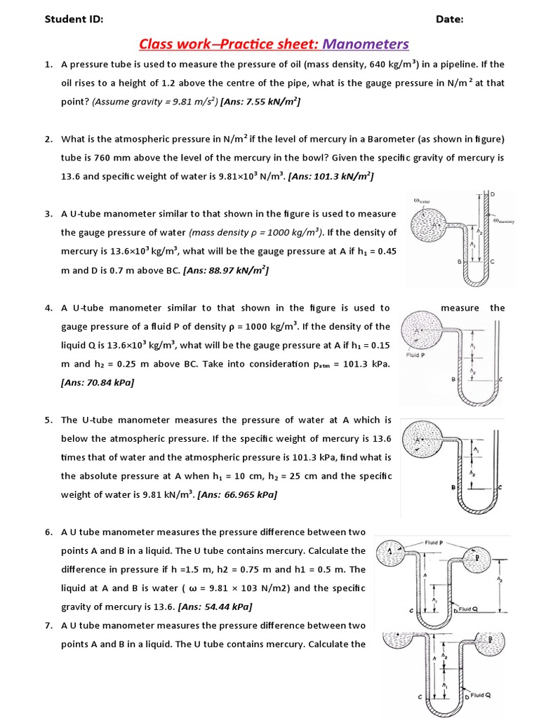 Manometers Practice Problem | PDF | Pressure Measurement | Pressure