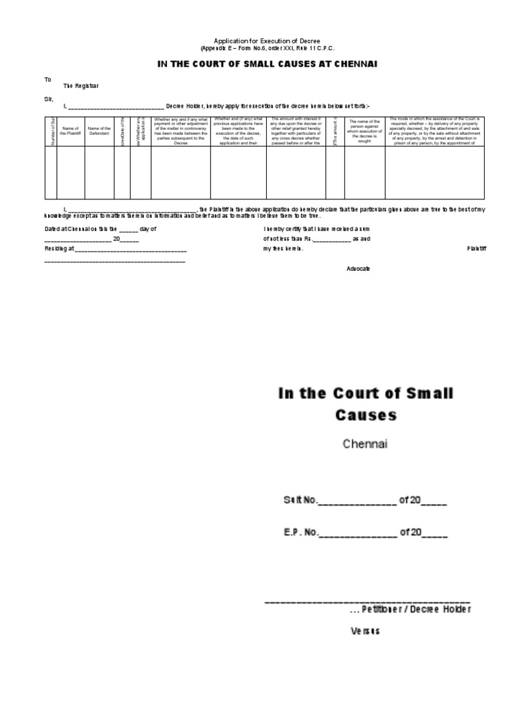In The Court of Small Causes at Chennai: Application For Execution of ...