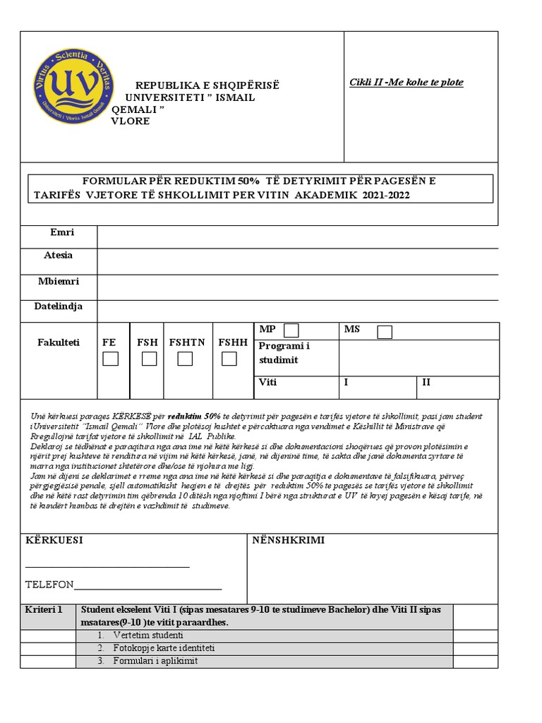 Formulari Per Aplikimin Per Reduktim 50 Te Tarifes Shkollore | PDF