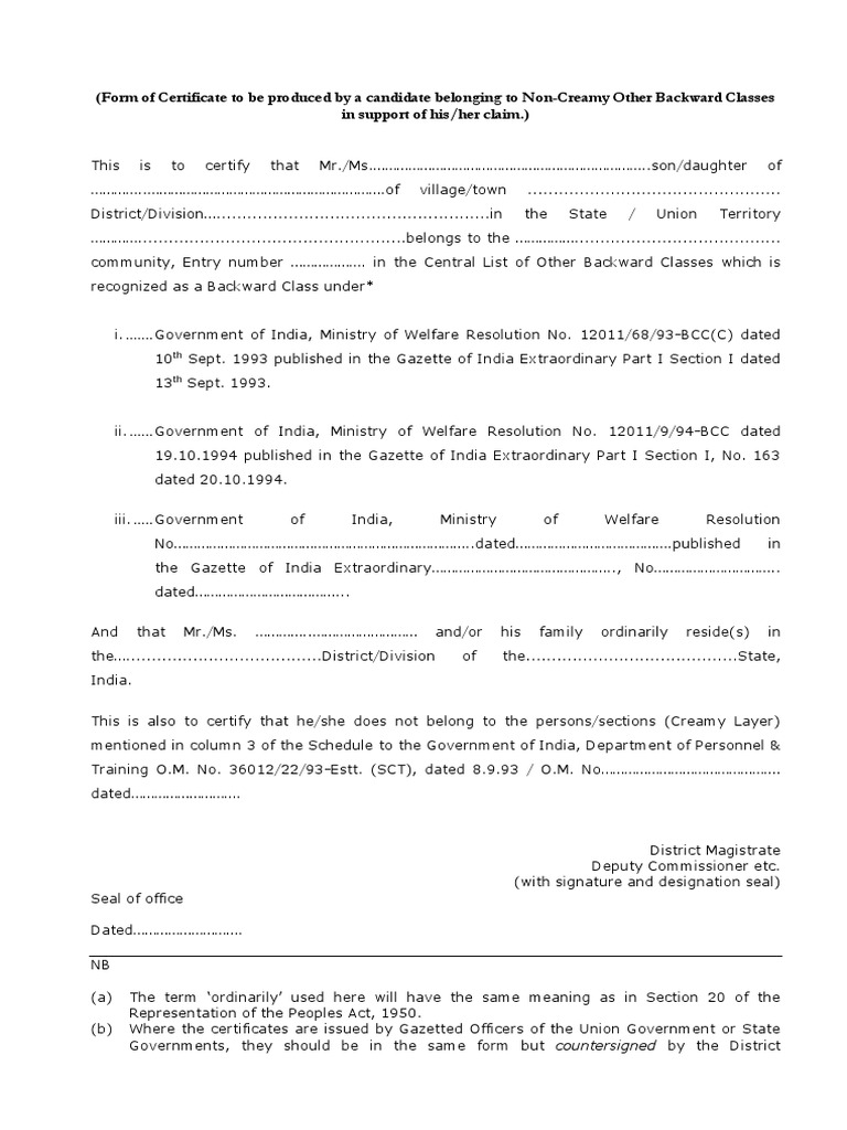 NC OBC Certificate | PDF | Transitional Justice | Politics Of India